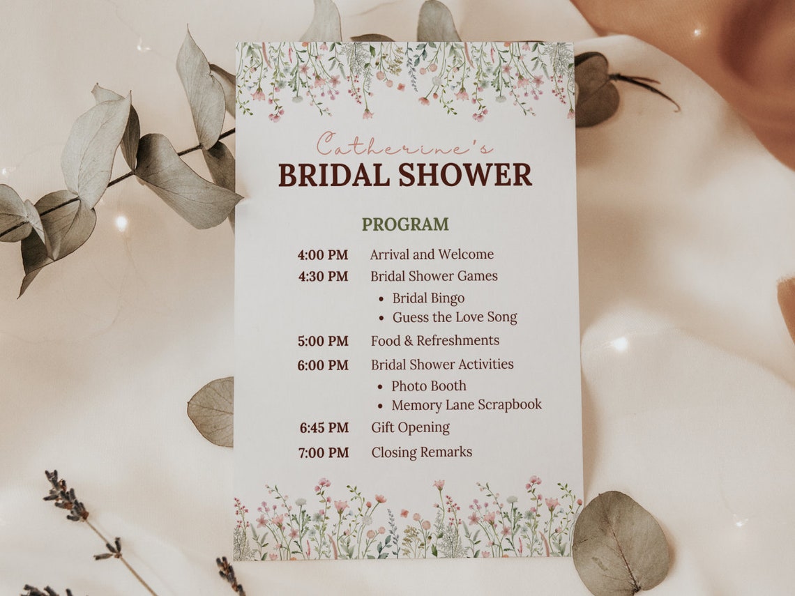 Wildflower Bridal Shower Program, Bridal Party Program Template ...