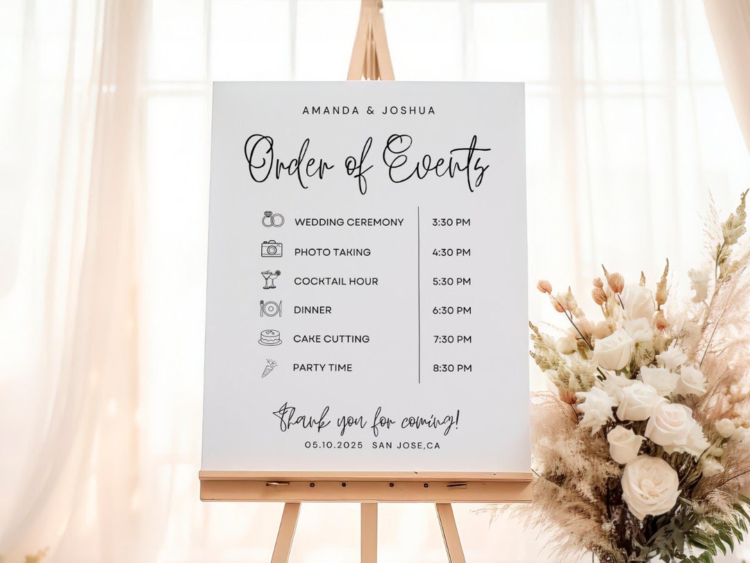 Modern Wedding Timeline Sign Template, Minimalist Order of Events ...