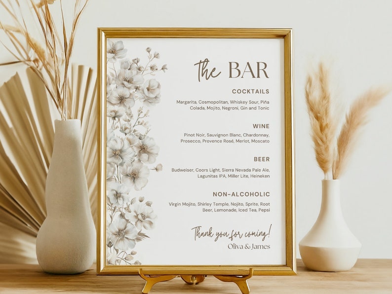 Rustic Wedding Bar Menu Template, Floral Wedding Drinks Menu Template ...
