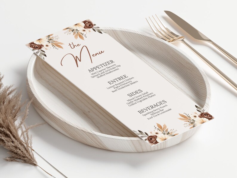 Bridal Shower Menu Card, Wedding Menu Card Template, Floral Bridal ...