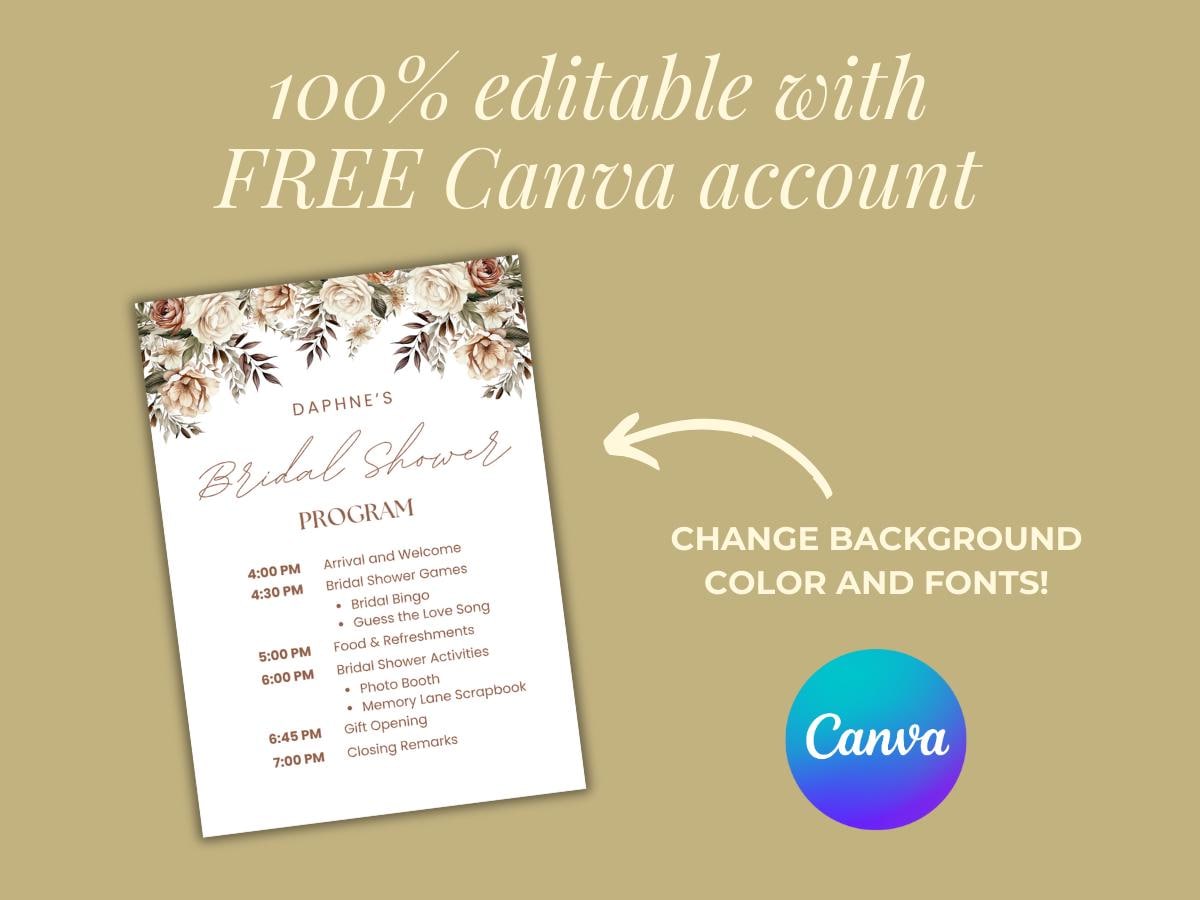 Boho Bridal Shower Program, Bridal Party Program Template, Printable ...