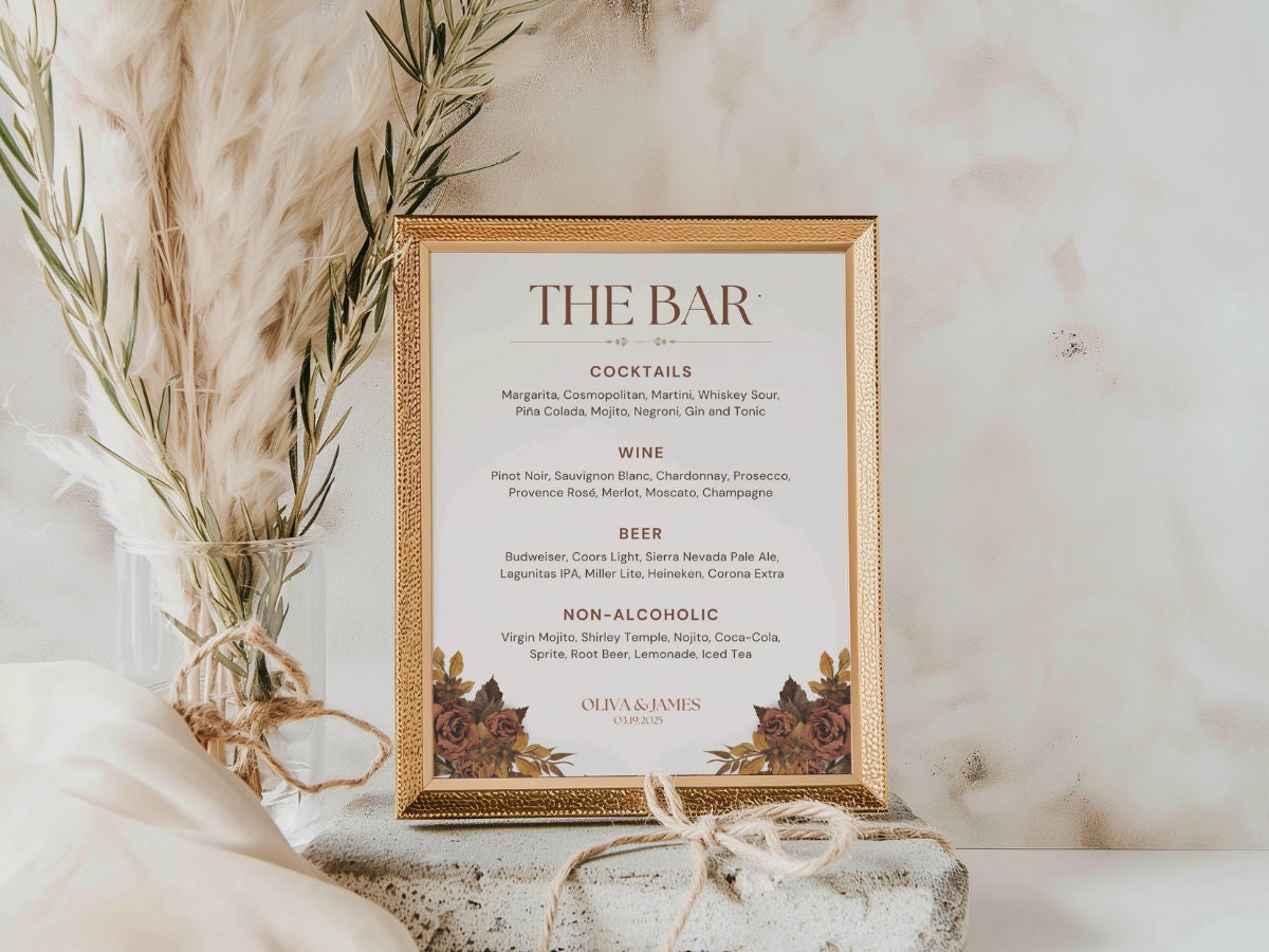 Rustic Wedding Bar Menu Template, Printable Drinks Sign (digital ...