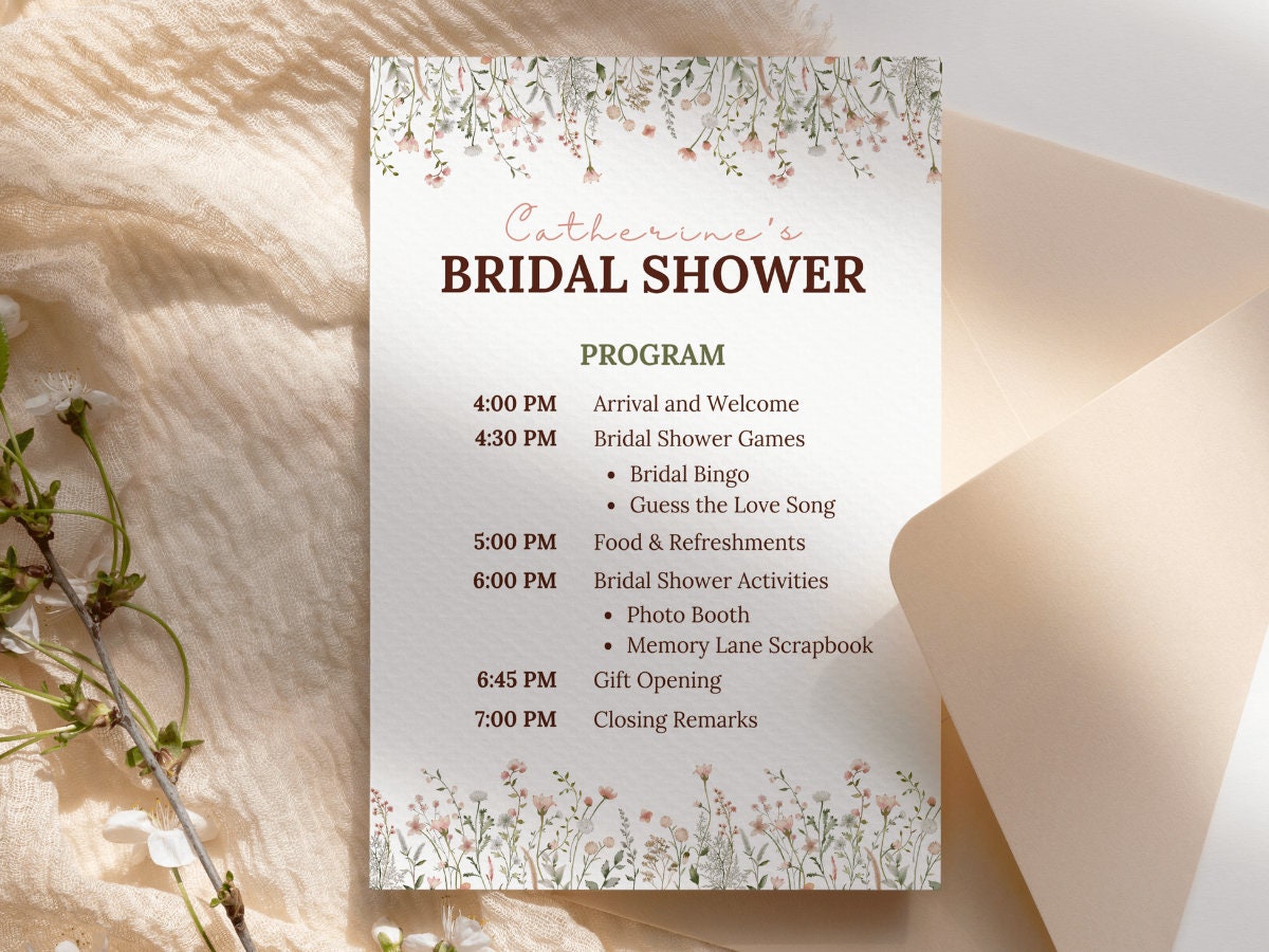Wildflower Bridal Shower Program, Bridal Party Program Template ...