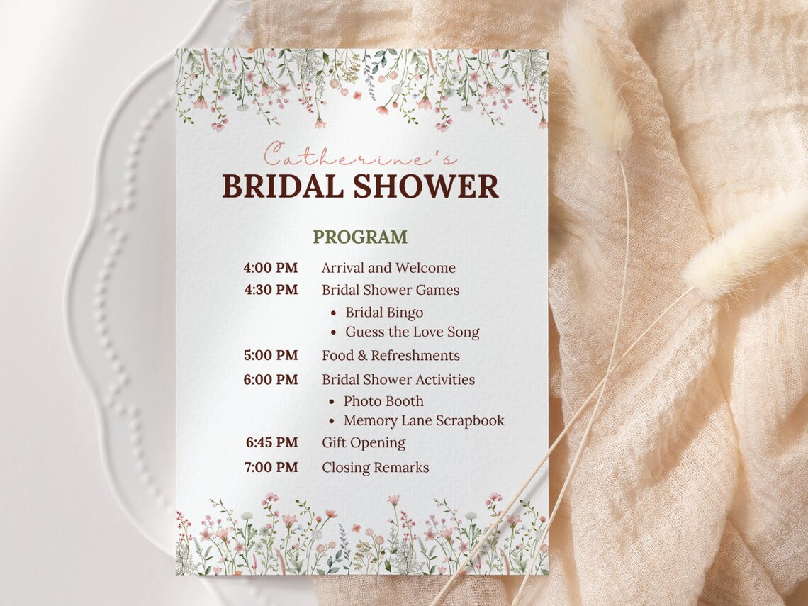 Wildflower Bridal Shower Program, Bridal Party Program Template ...