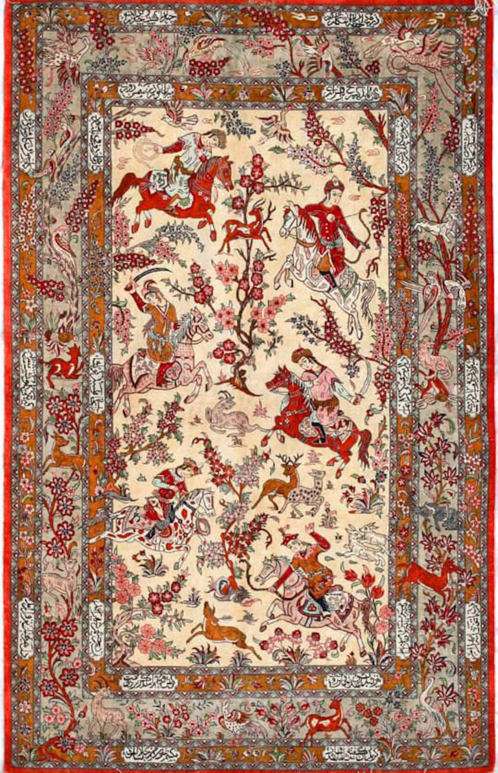 Persian Velvet Tapestry: Men on Horses With Floral Design 2' X 3' - Etsy
