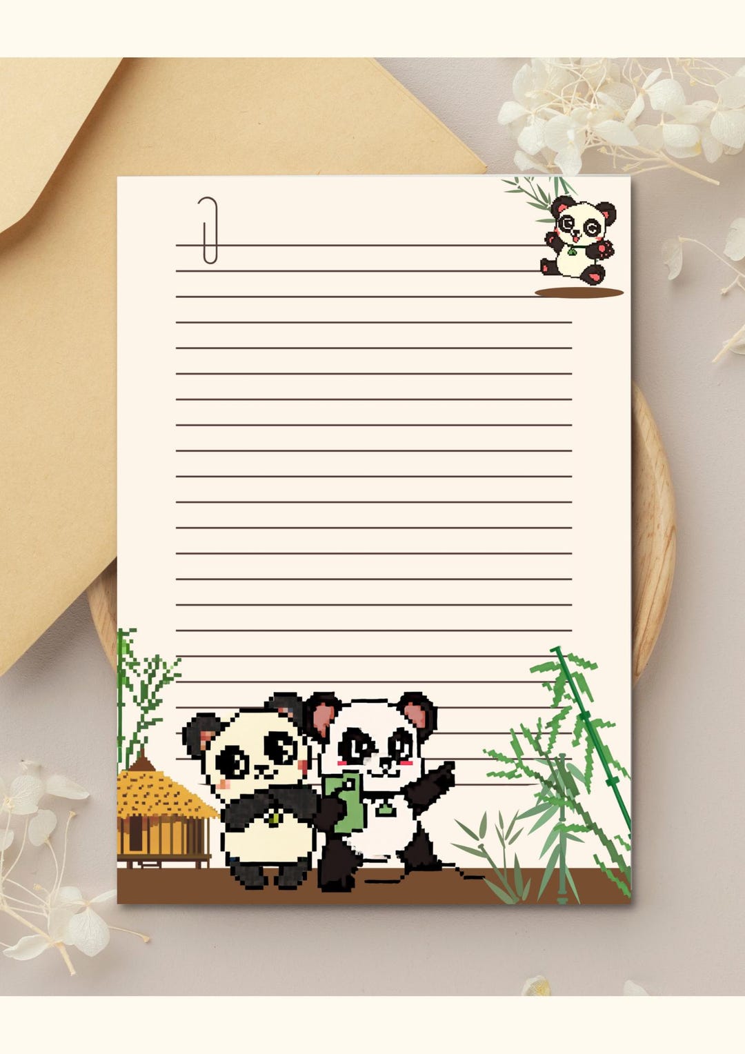 Cute Panda Pixel Art Printable Letter Paper, Kawaii Stationery Set ...