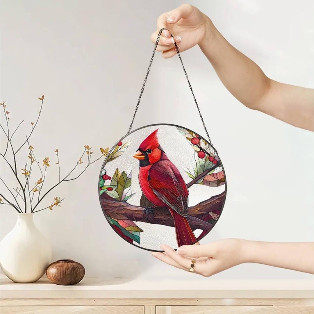 Red Cardinal Lovebirds in Moonlight Stained Glass Suncatcher, Gifts for ...