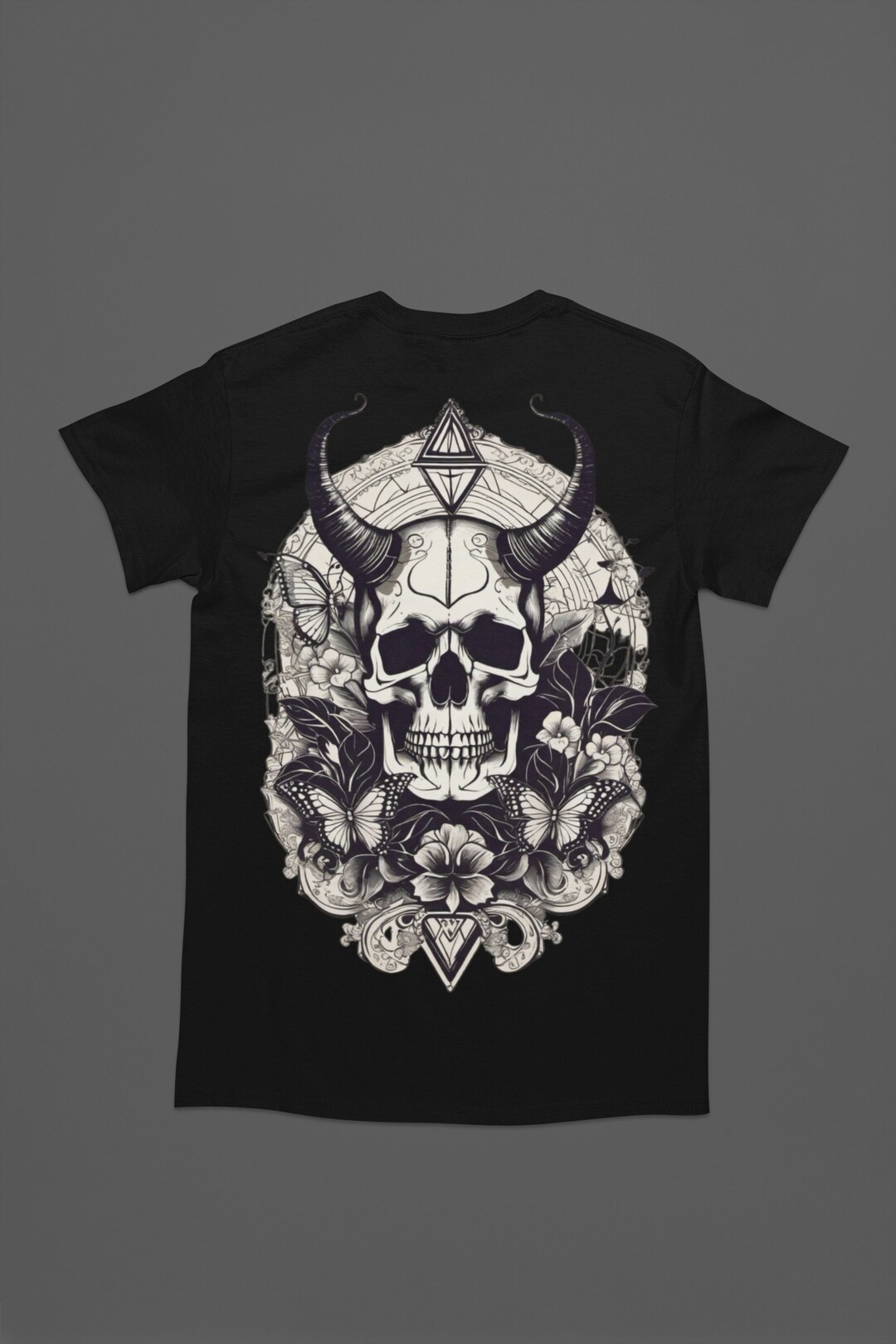 Psychedelic Skull Demon Horns T-shirt Black and White Rave Graphic Tee ...