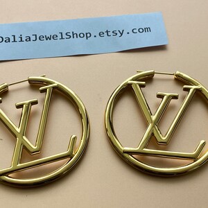 Vintage Louis Vuitton Gold Earrings LV Logo Hoop Stud Dangle Ohrringe ...