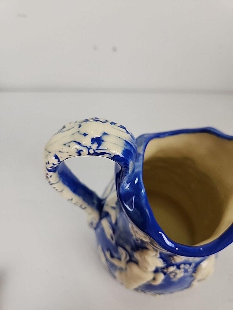 Vtg Blue and White Cherub Vase Pitcher Handpainted Glossed Shabby Chic ...
