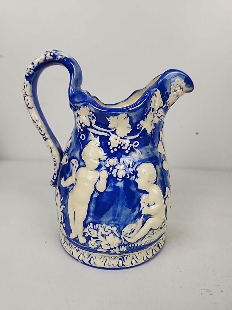 Vtg Blue and White Cherub Vase Pitcher Handpainted Glossed Shabby Chic ...