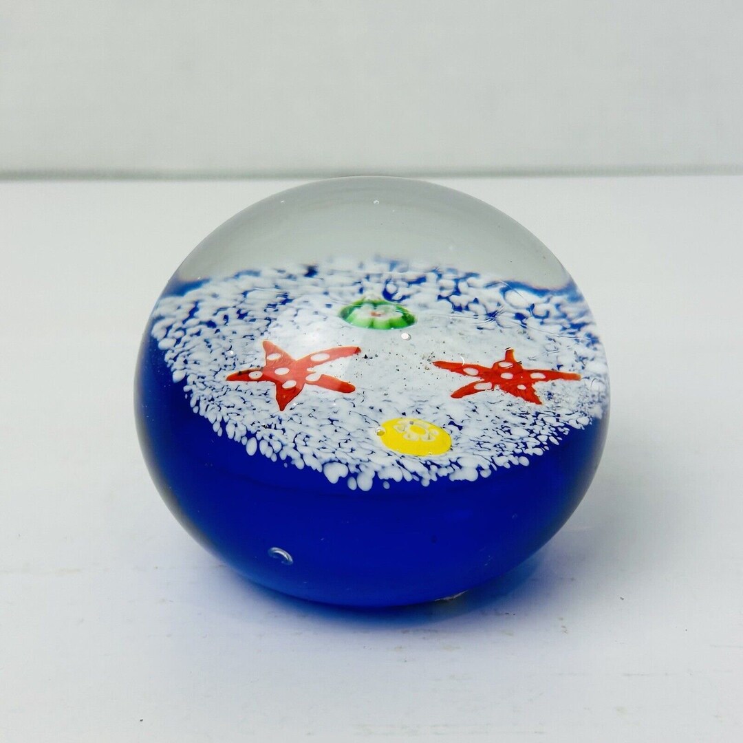 Vintage Art Glass Blue Ocean White Beach Starfish Round Paperweight ...