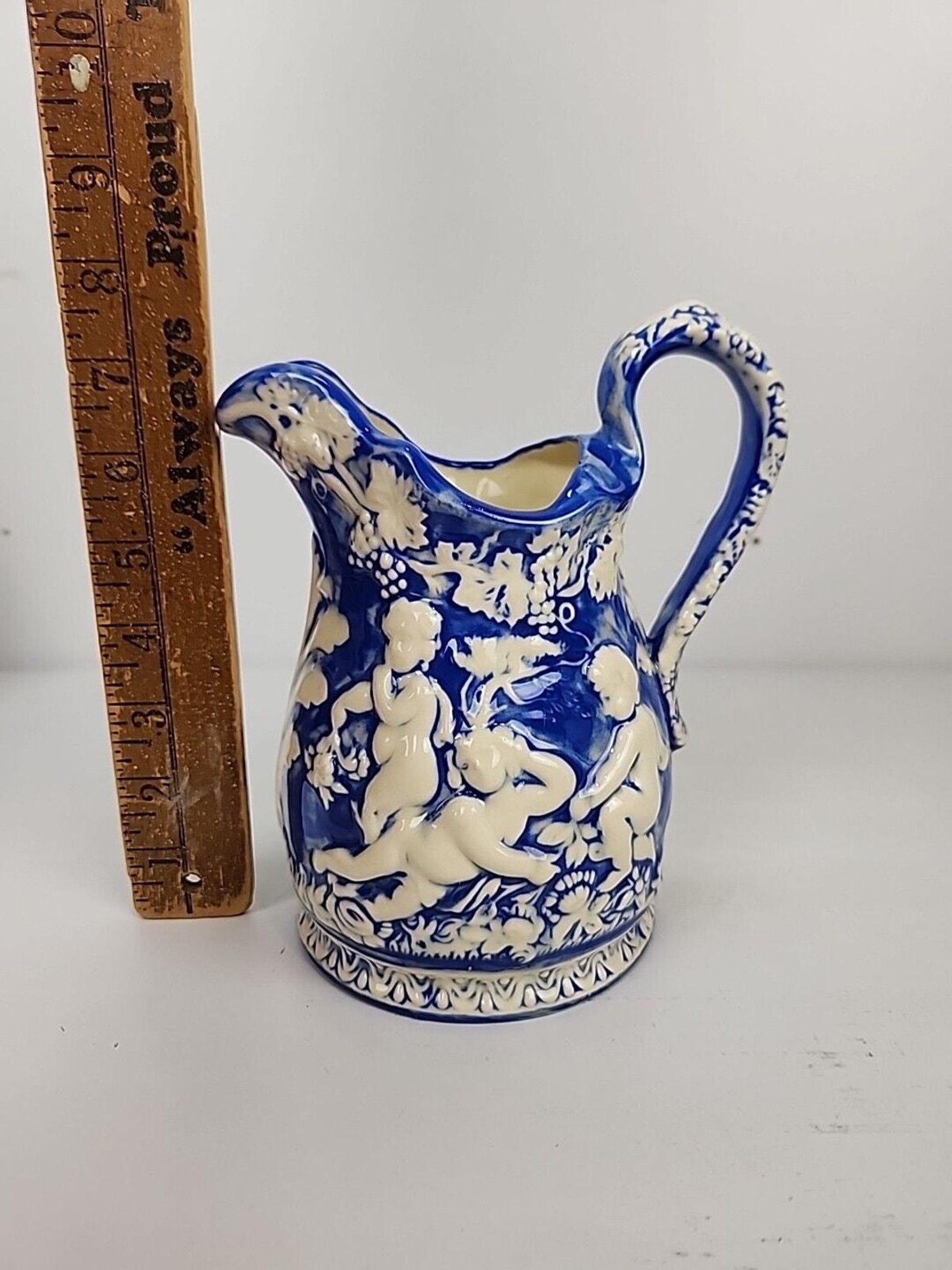 Vtg Blue and White Cherub Vase Pitcher Handpainted Glossed Shabby Chic ...