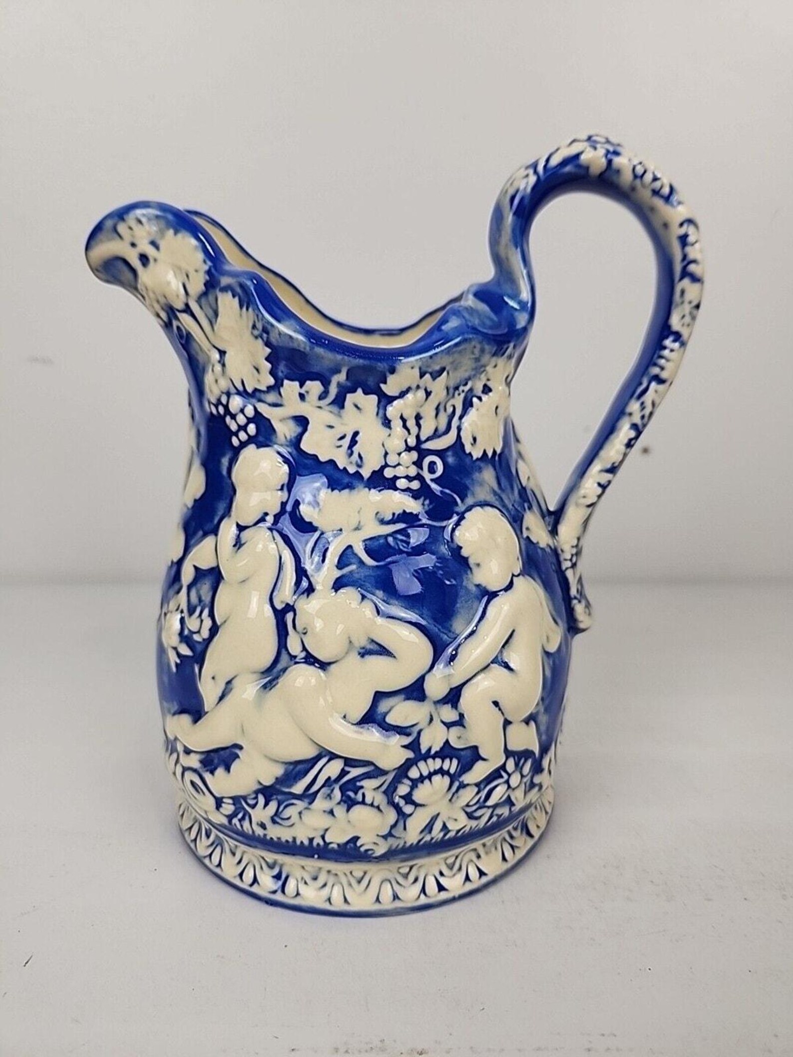 Vtg Blue and White Cherub Vase Pitcher Handpainted Glossed Shabby Chic ...