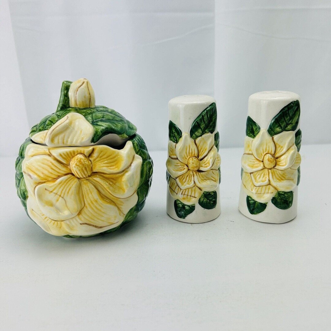 Vintage Wang's Intl Magnolia Sugar Bowl, Salt & Pepper Shakers Floral ...