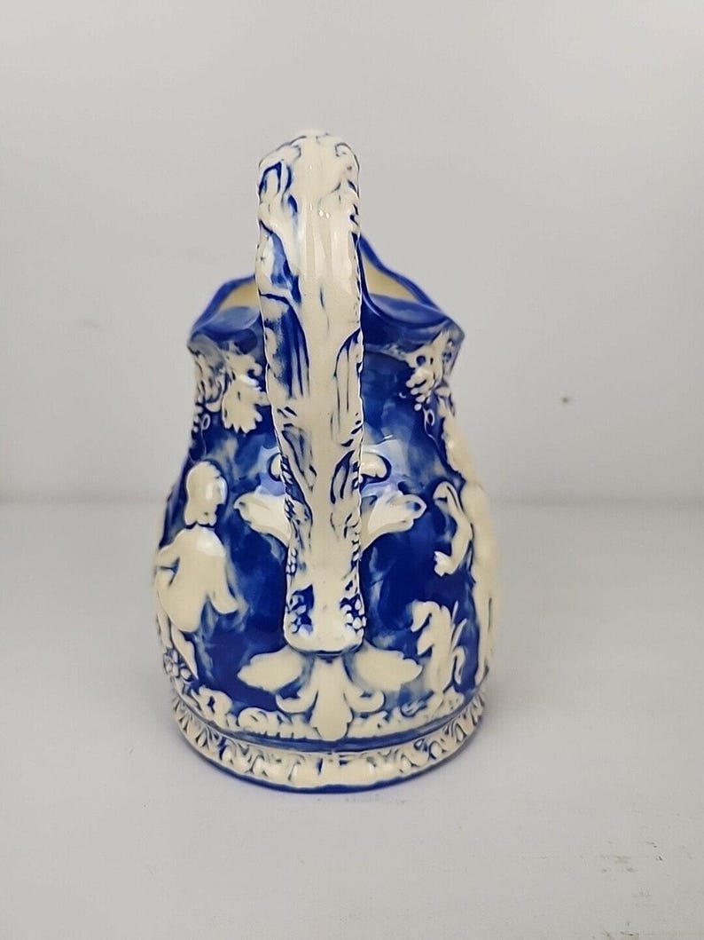 Vtg Blue and White Cherub Vase Pitcher Handpainted Glossed Shabby Chic ...