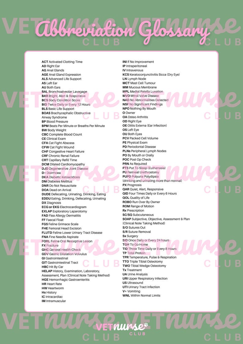 Glossary of Veterinary Abbreviations (digital Download) - Etsy