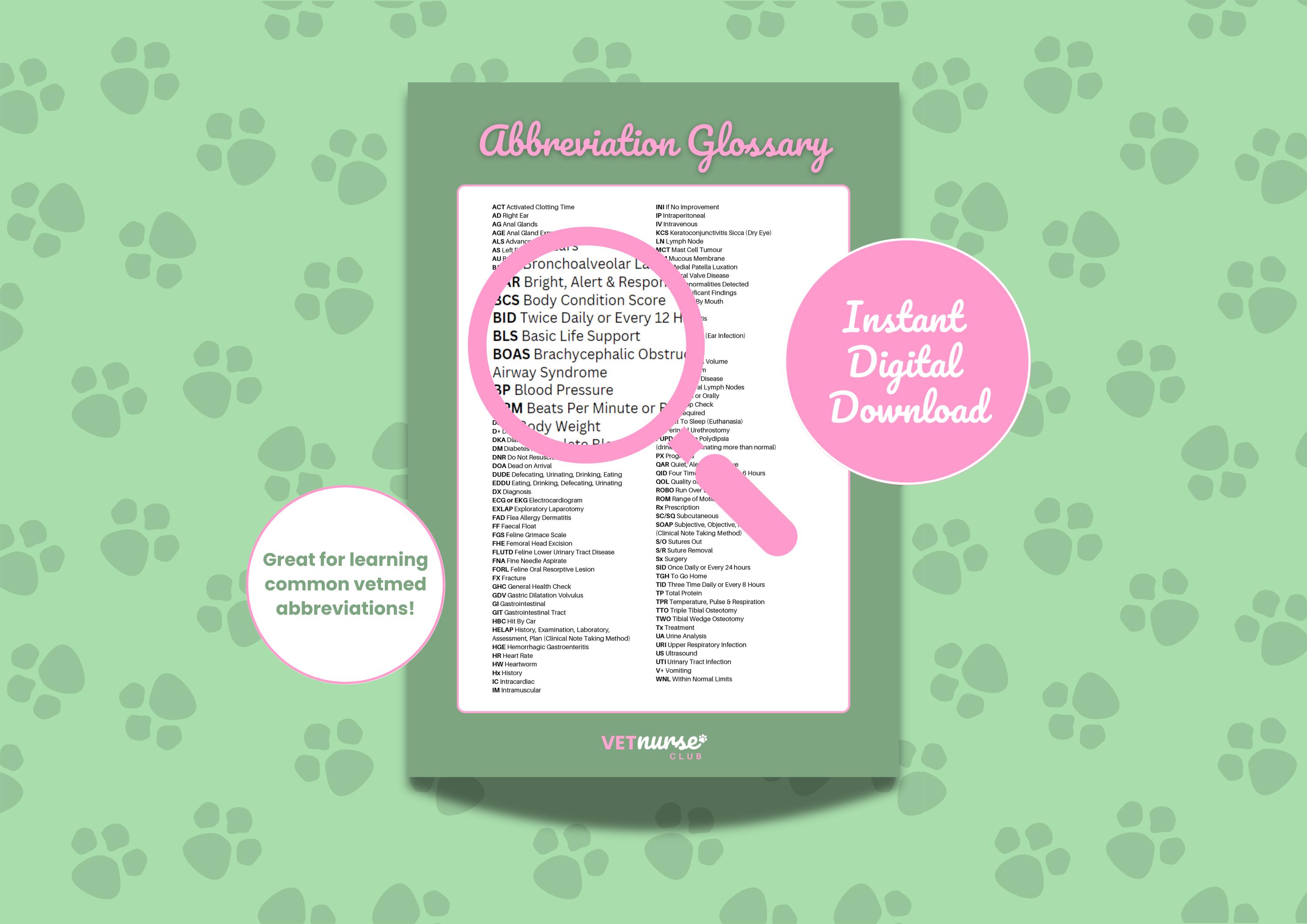 Glossary of Veterinary Abbreviations (digital Download) - Etsy