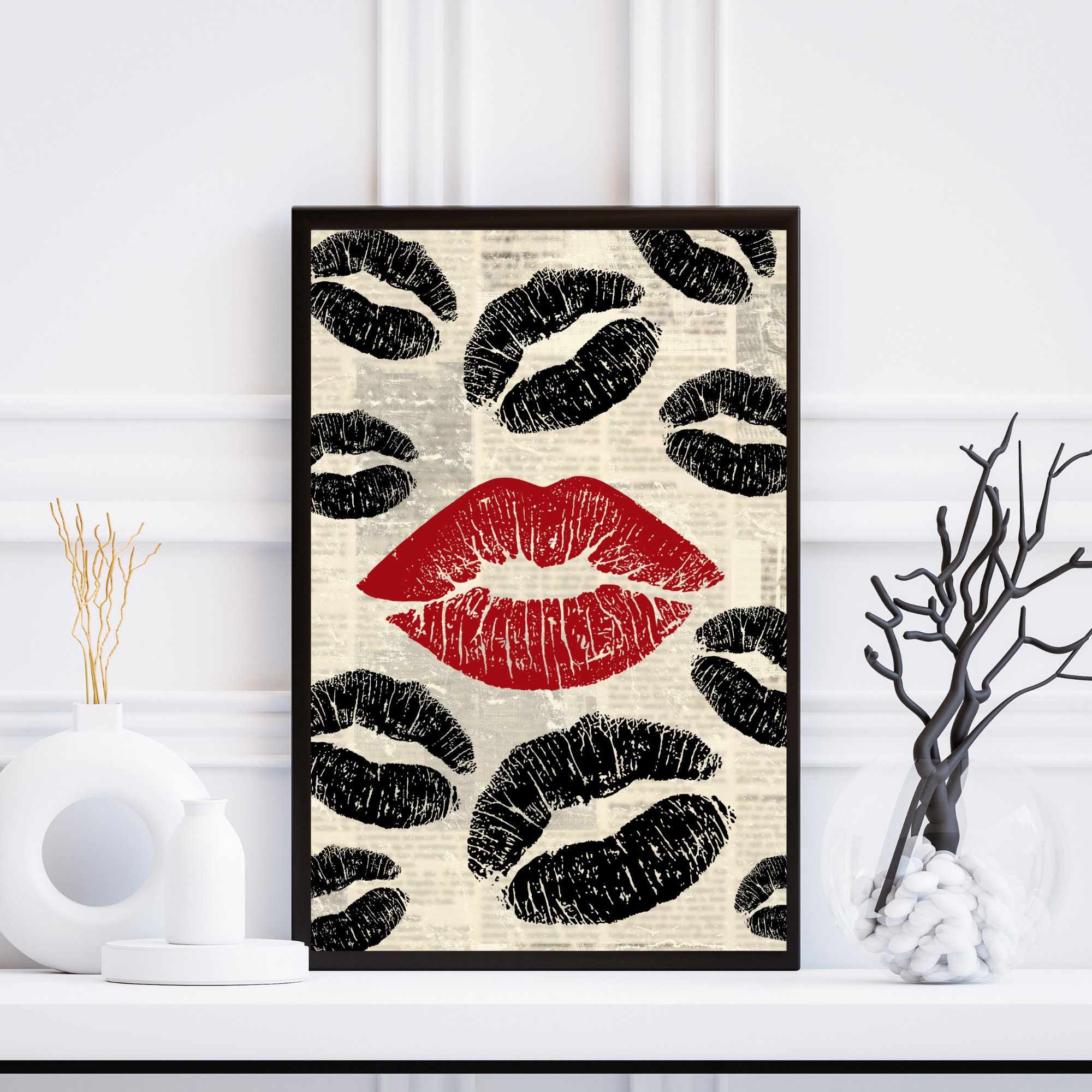 Black and Red Lips Wall Art, Dark Coquette Wall Art, Retro Wall Art ...
