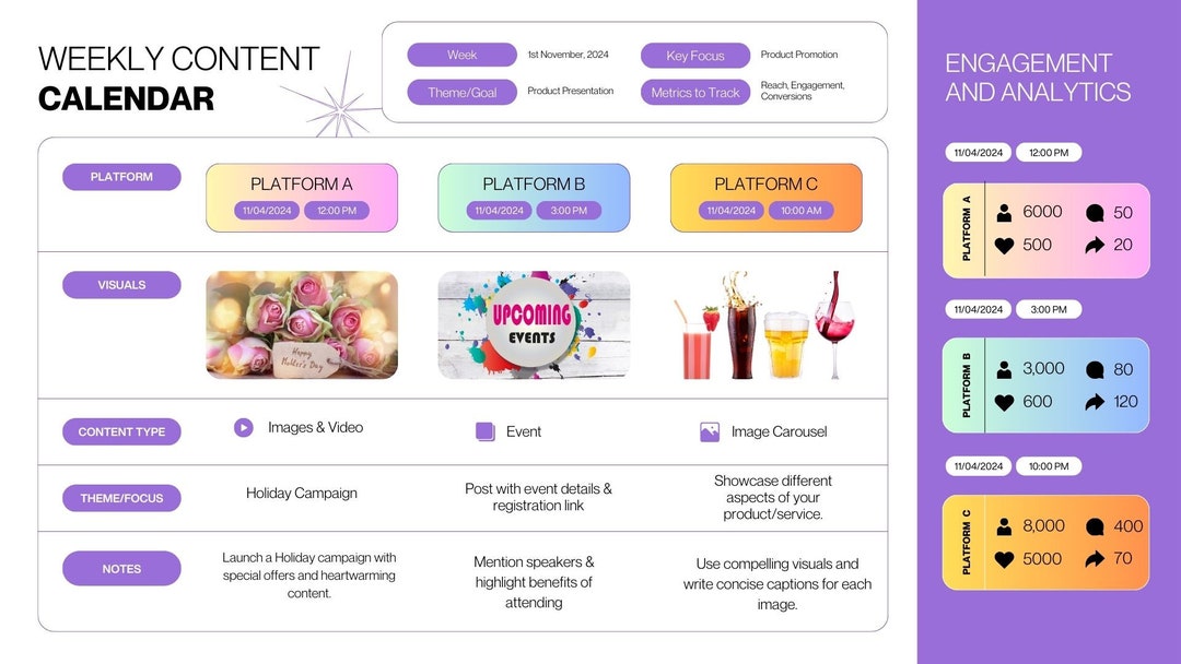 Printable Weekly Social Media Content Calendar With Engagement Insights ...
