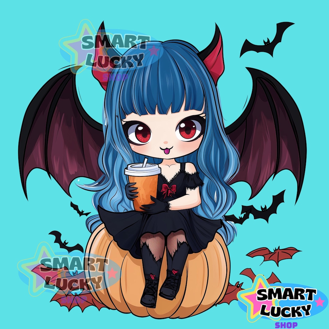 Cute Chibi Vampire Girl Blue Hair Halloween PNG - Etsy