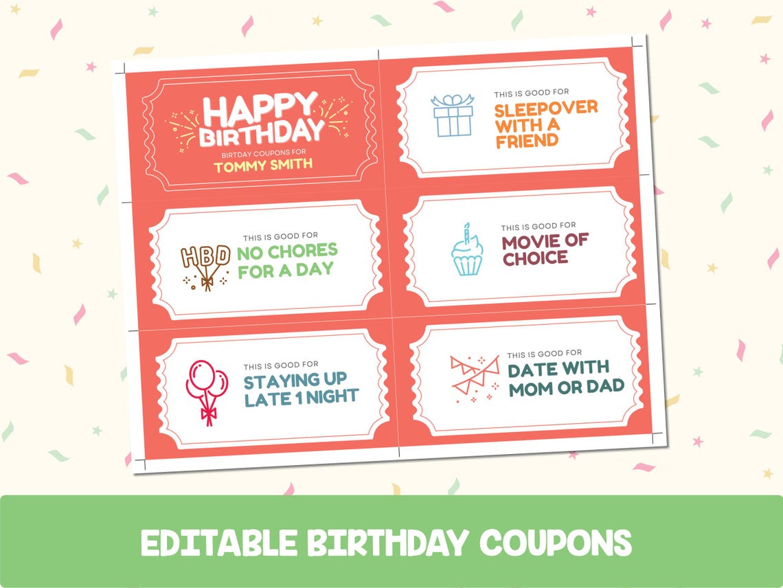 Birthday Coupon Template, Birthday Voucher, Editable Birthday Coupons ...