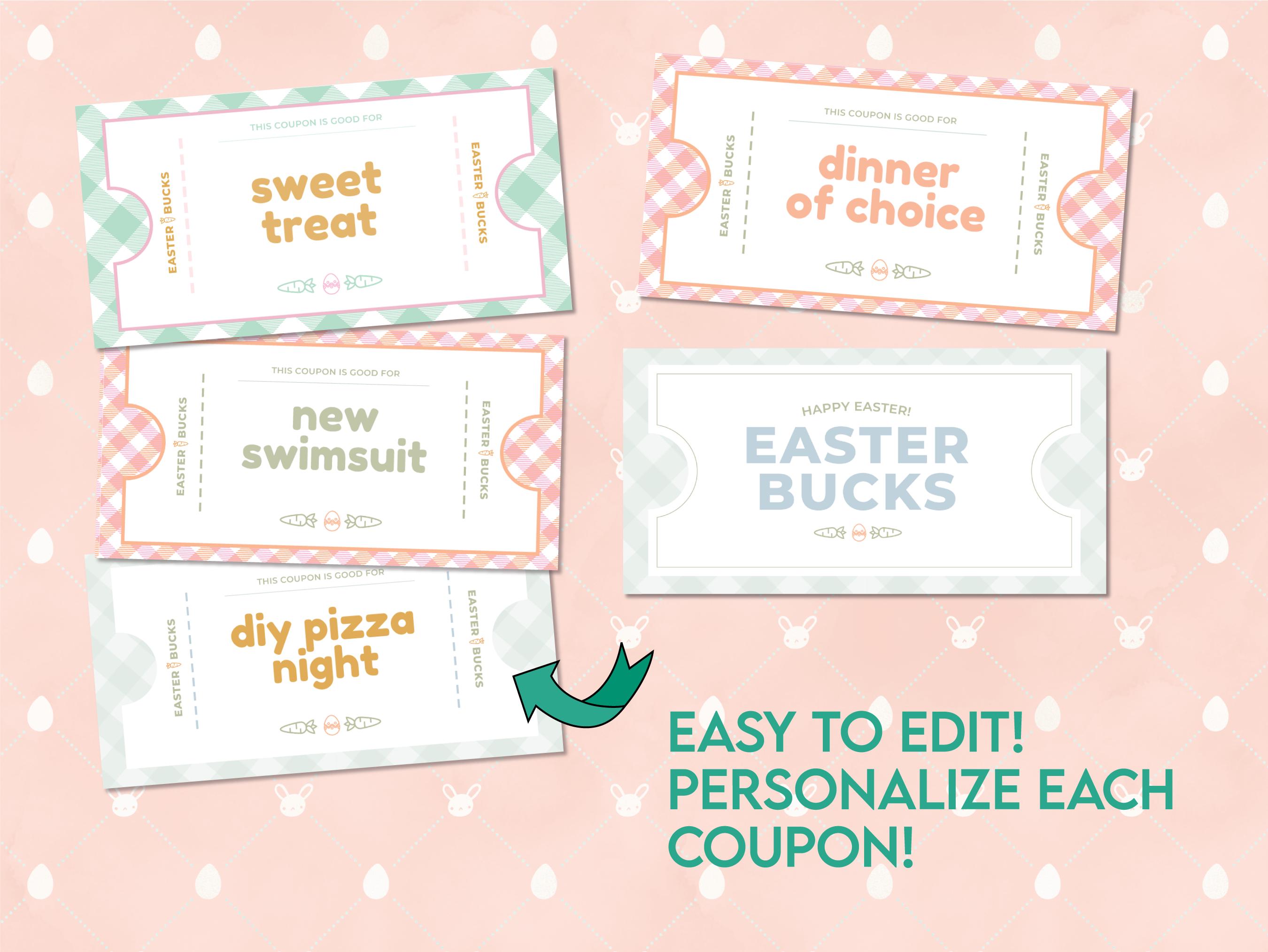 Editable EASTER BUCKS Coupon Template, Easter Basket Vouchers, Editable ...