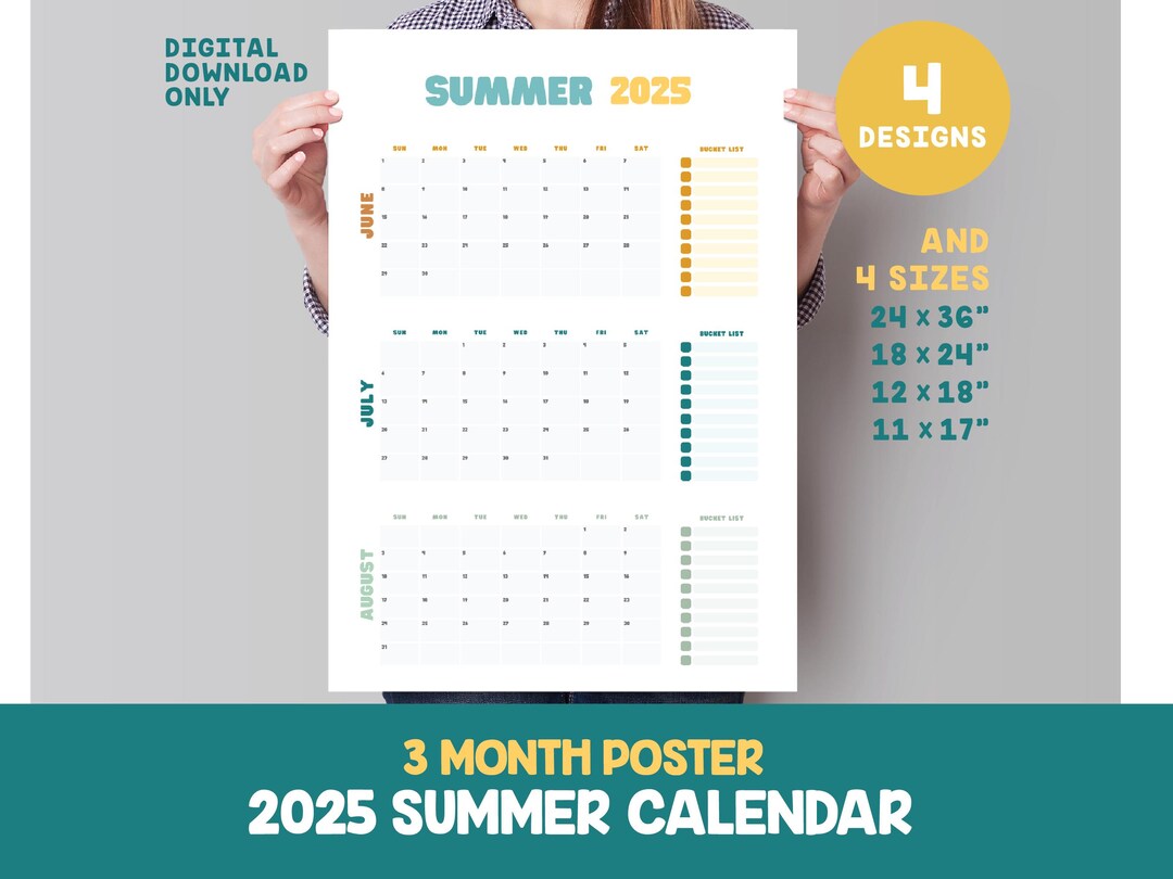 Printable Summer 2025 Calendar Poster, Summer Activities Calendar ...