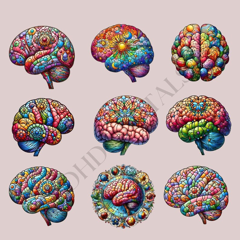 Brain PNG Clipart Bundle, ADHD Awareness Logo, Stained Glass Mental ...