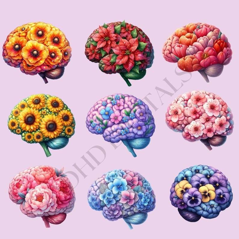 Brain PNG Clipart Bundle, ADHD Awareness Designs, Floral Mental Health ...