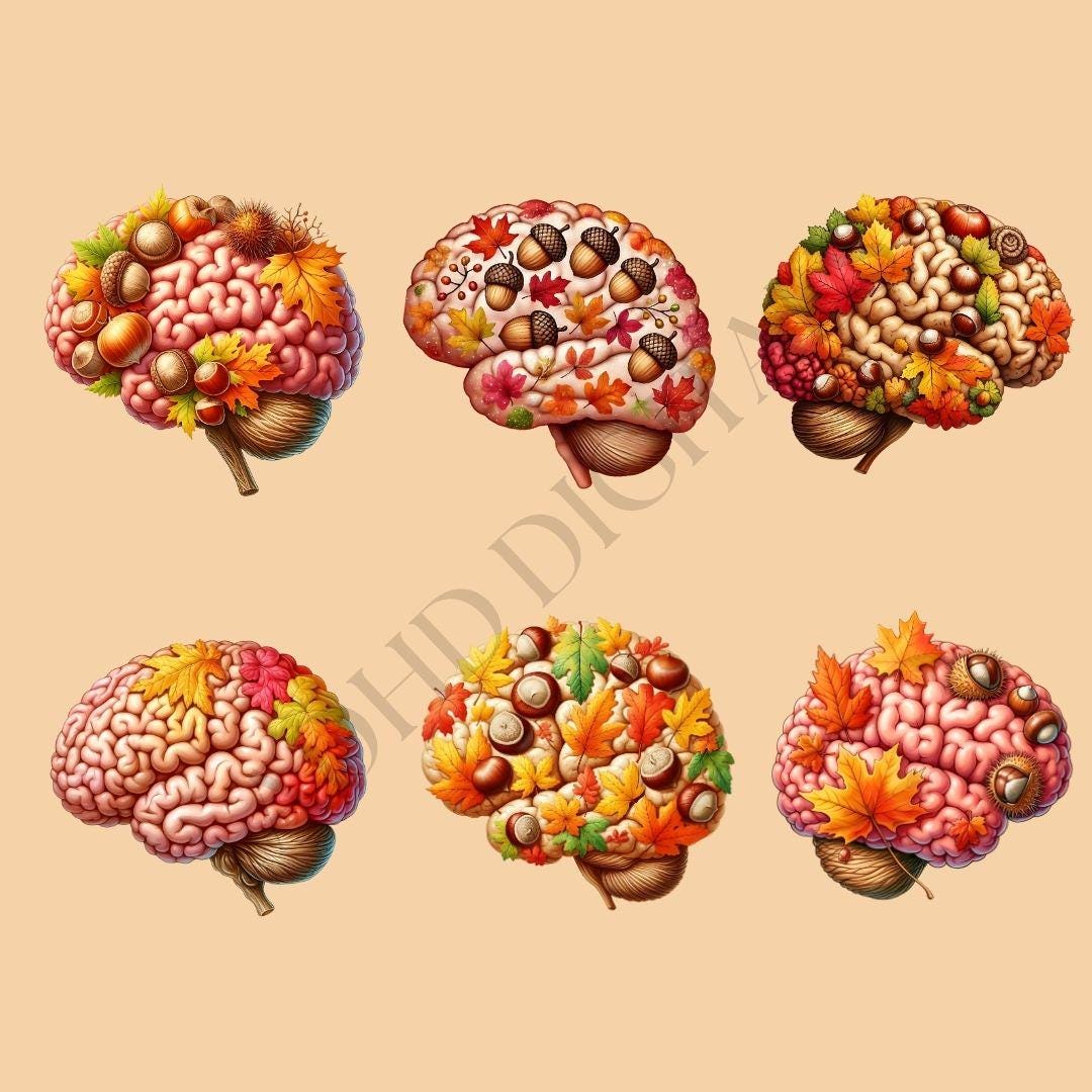 Brain PNG Clipart Bundle, ADHD Awareness Designs, Fall Leaf Mental ...