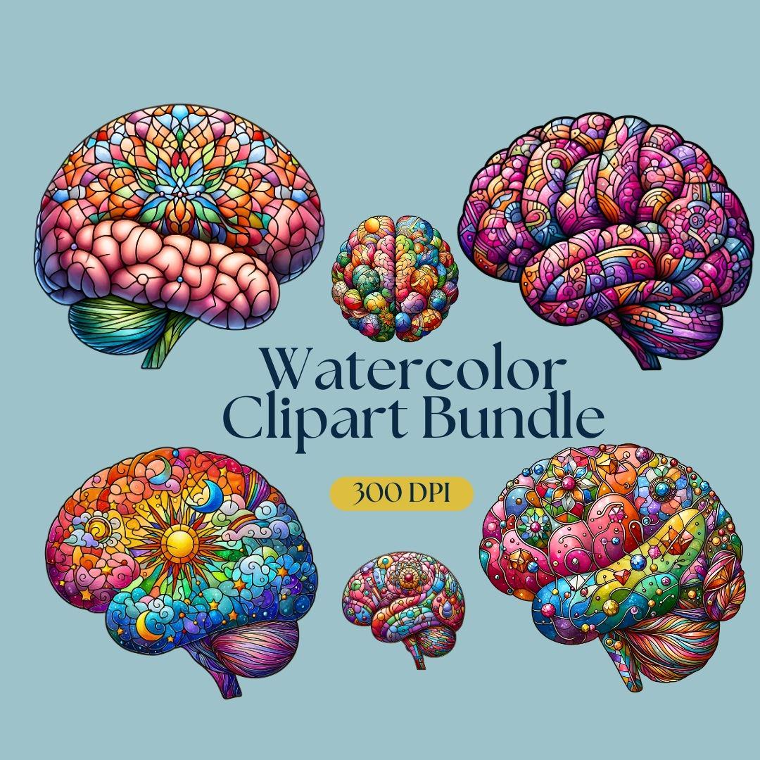 Brain PNG Clipart Bundle, ADHD Awareness Logo, Stained Glass Mental ...