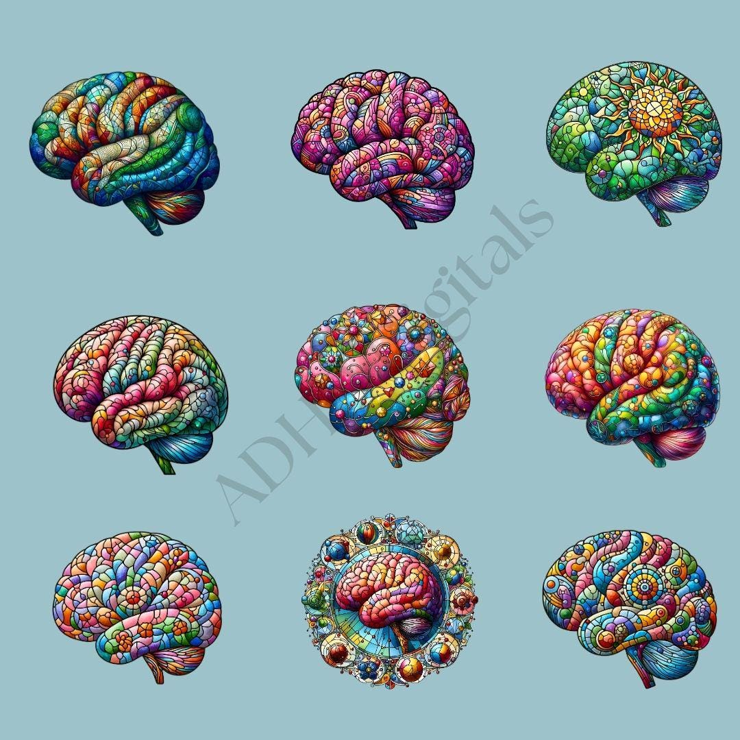 Brain PNG Clipart Bundle, ADHD Awareness Logo, Stained Glass Mental ...