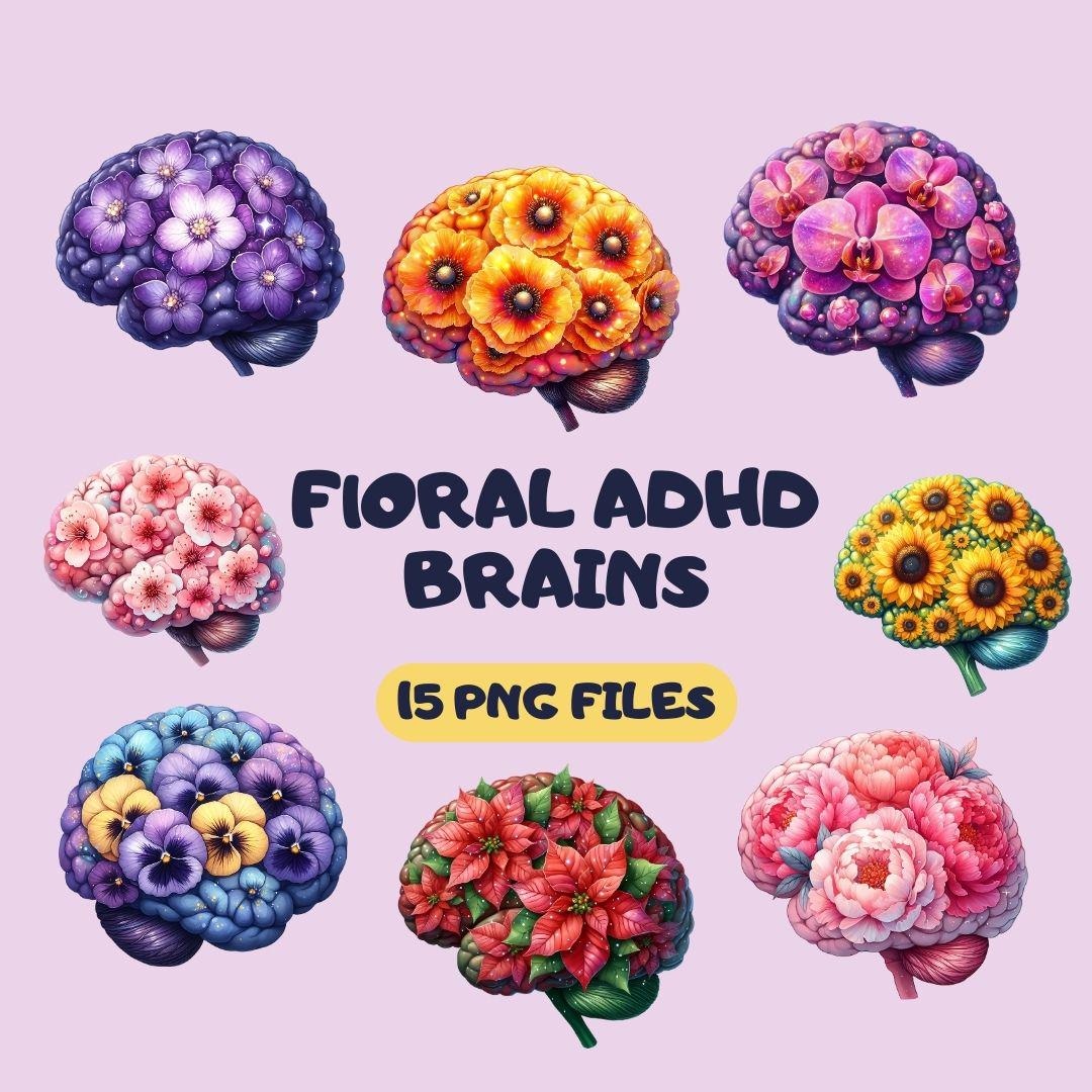 Brain PNG Clipart Bundle, ADHD Awareness Designs, Floral Mental Health ...