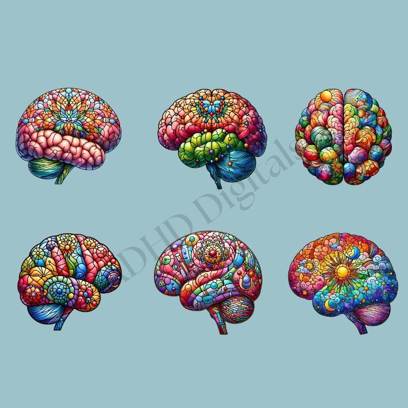 Brain PNG Clipart Bundle, ADHD Awareness Logo, Stained Glass Mental ...