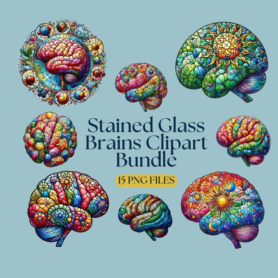 Brain PNG Clipart Bundle, ADHD Awareness Logo, Stained Glass Mental ...