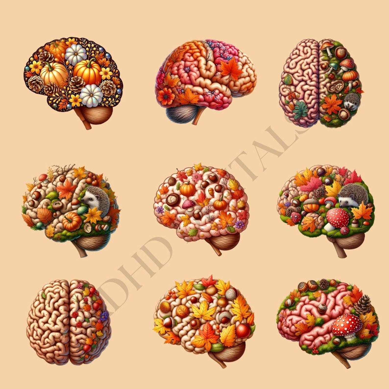 Brain PNG Clipart Bundle, ADHD Awareness Designs, Fall Leaf Mental ...