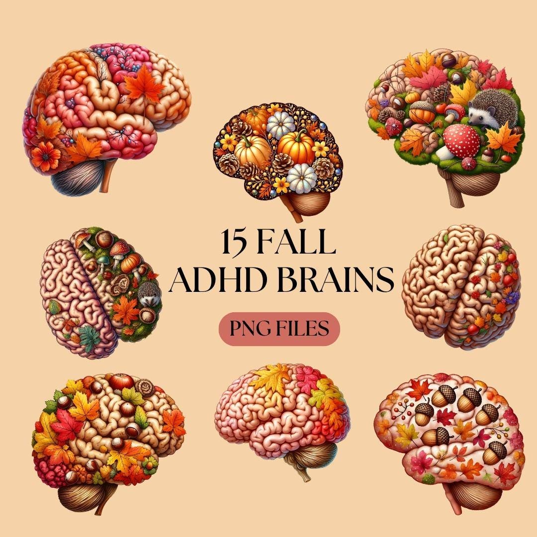 Brain PNG Clipart Bundle, ADHD Awareness Designs, Fall Leaf Mental ...