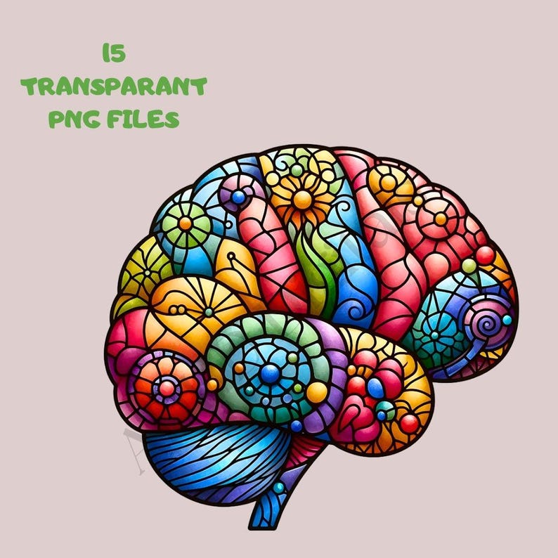Brain PNG Clipart Bundle, ADHD Awareness Logo, Stained Glass Mental ...