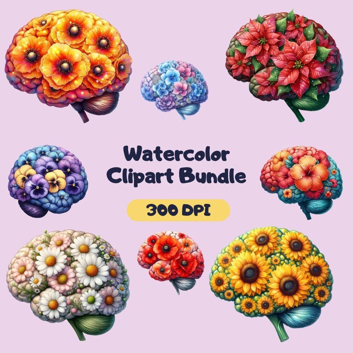 Brain PNG Clipart Bundle, ADHD Awareness Designs, Floral Mental Health ...