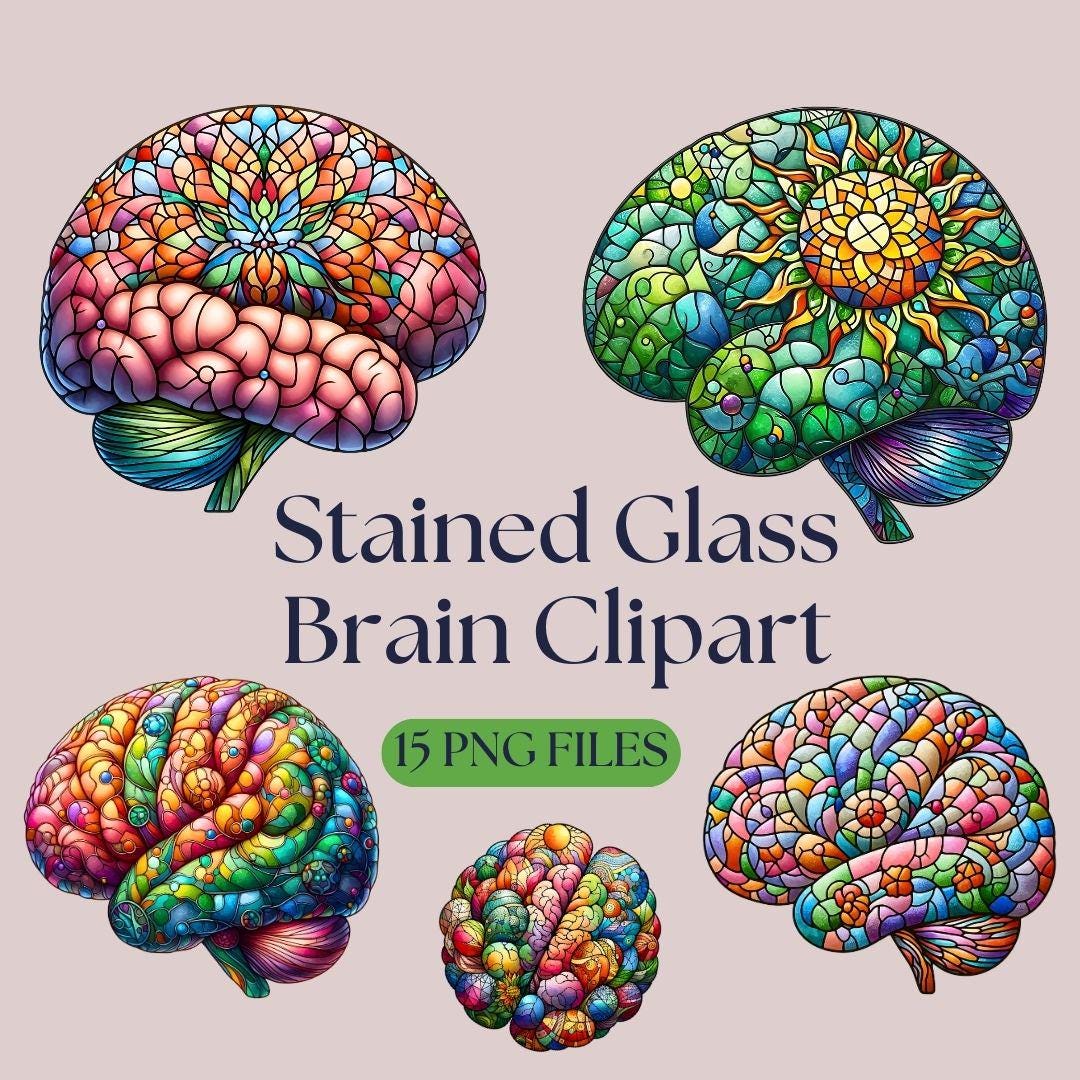 Brain PNG Clipart Bundle, ADHD Awareness Logo, Stained Glass Mental ...