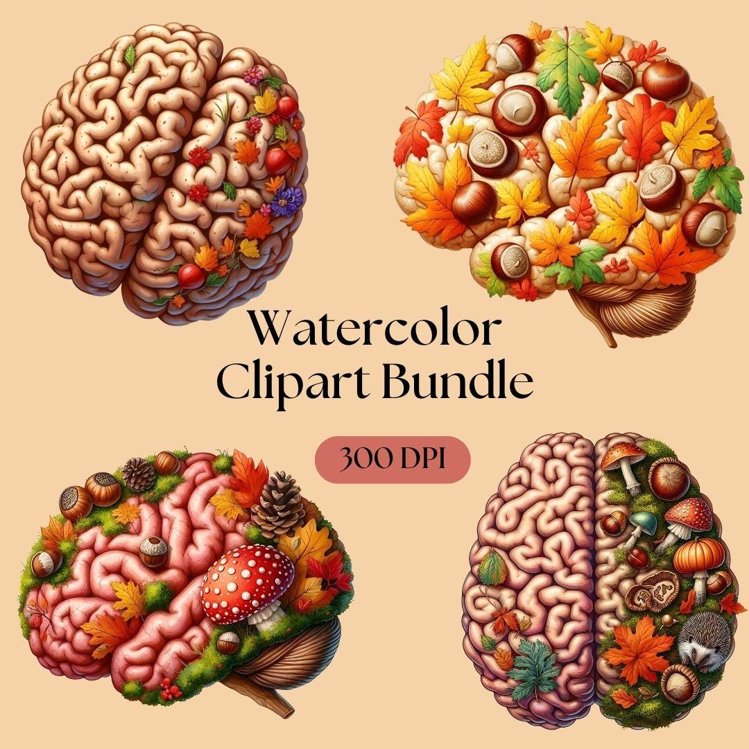 Brain PNG Clipart Bundle, ADHD Awareness Designs, Fall Leaf Mental ...