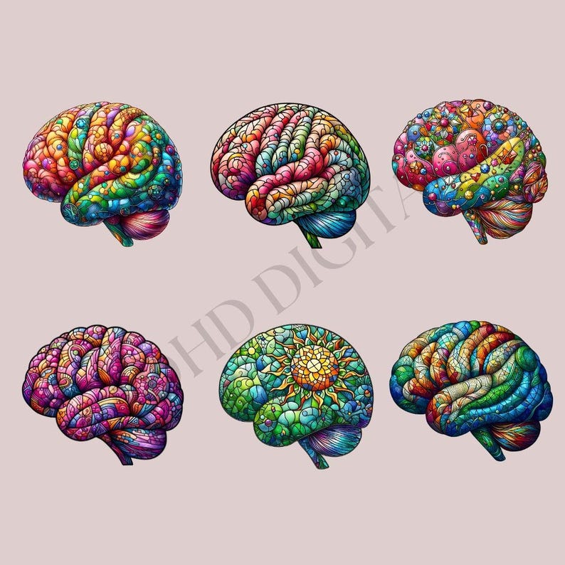 Brain PNG Clipart Bundle, ADHD Awareness Logo, Stained Glass Mental ...