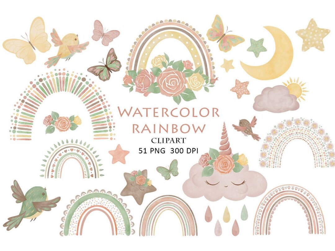 Rainbow Watercolor Floral Boho Clipart. 51 Neutral Watercolor PNG Files ...