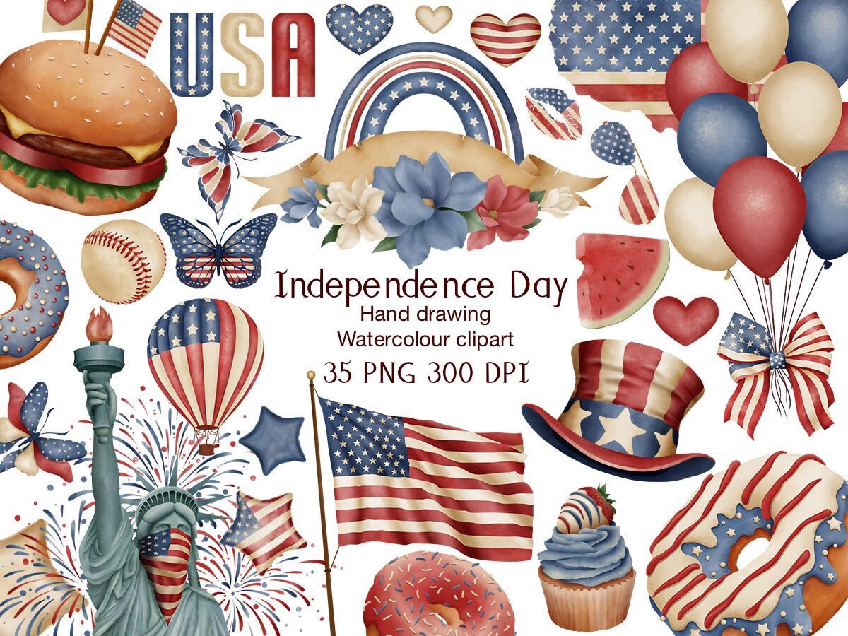 35 PNG Patriotic Clipart, Watercolor Independence Day Clipart, 4th of ...