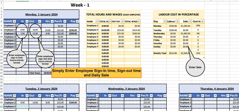 Employee Time and Wage Tracker Excel Spreadsheet - Simple, Easy ...