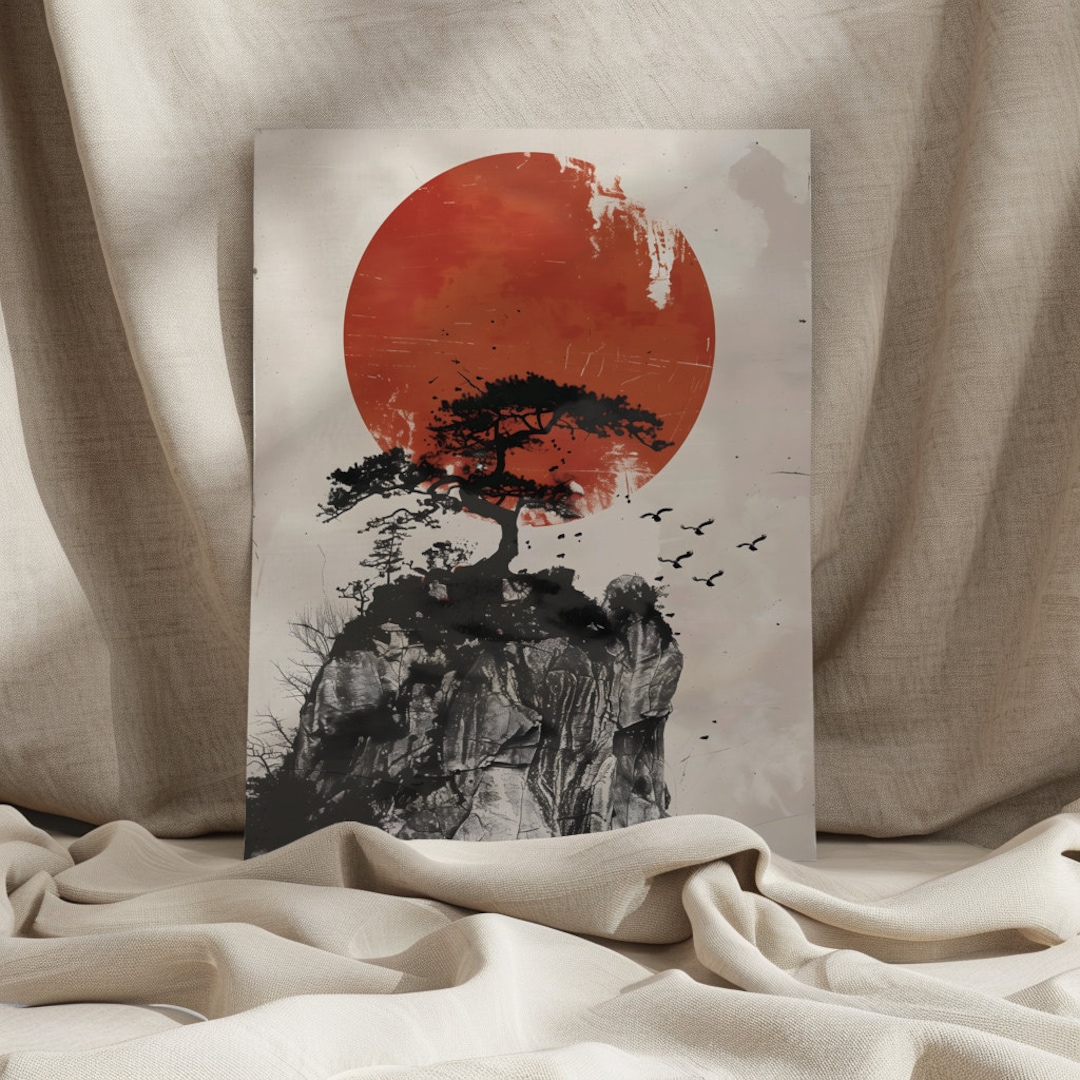 Japanese Mountain Art Print Ink Style Tree Red Sun Simple Toned Muted ...