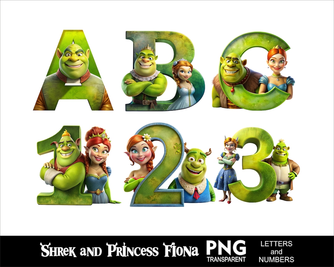Shrek and Princess Fiona Alphabet PNG Shrek Letters and Numbers for ...