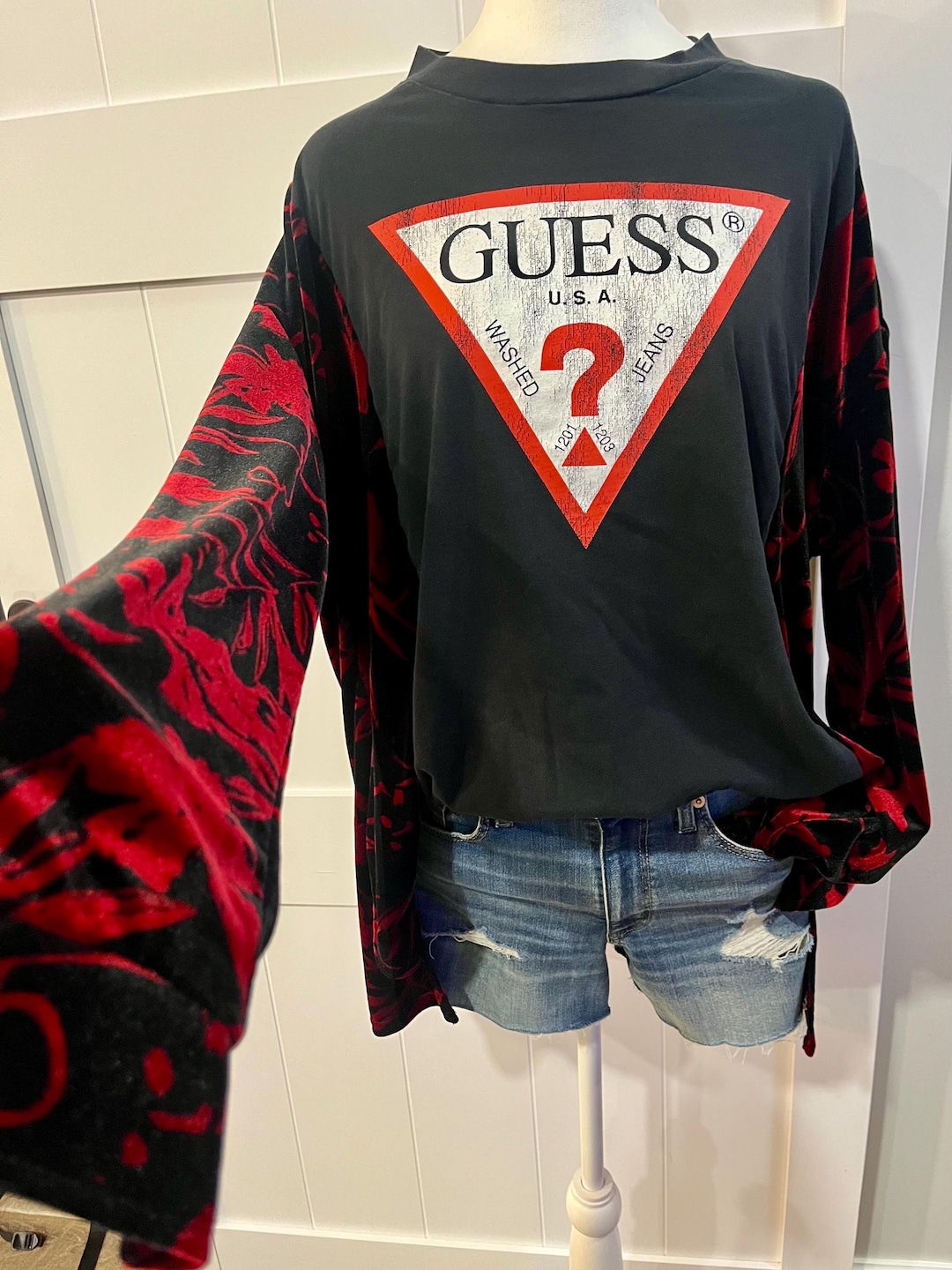 Renewed Vintage Guess Graphic T With Added Red and Black Suede Floral ...
