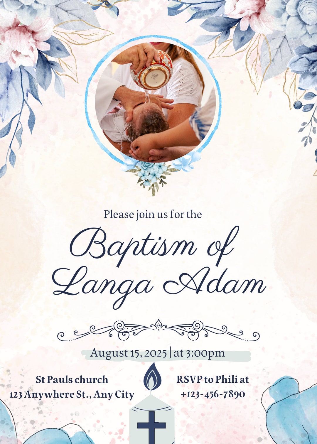 Blue Floral Baptism Invitation - Etsy